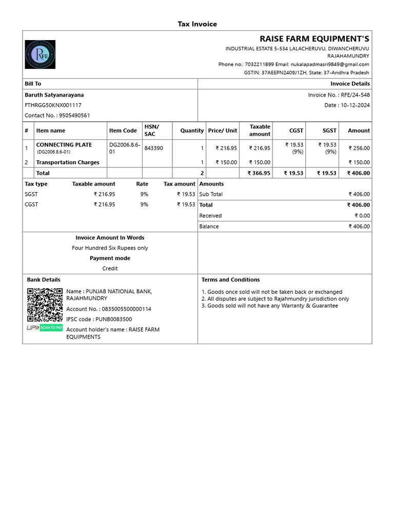 Tax Invoice - RFE 24-548 - 10 - 12 - 24 | PDF | Invoice | Taxes