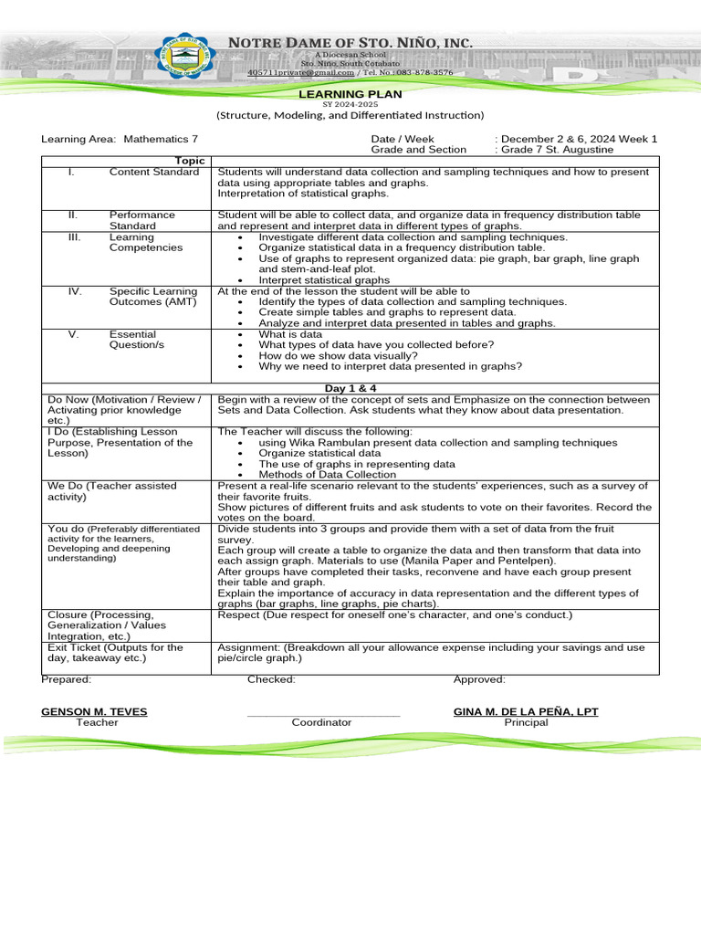 Math 7 3RD Quarter Lesson Plan Week 1 Day 2 - 6 | PDF | Data | Statistics