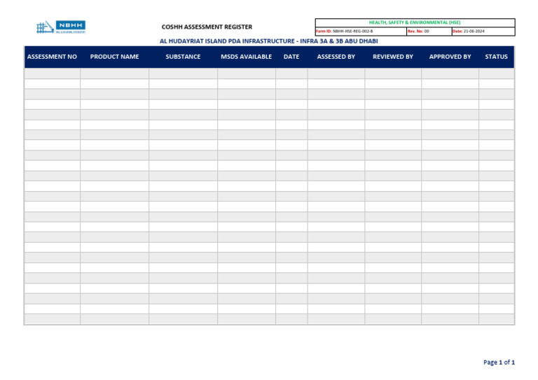 COSHH Assessment Register for HSE | PDF