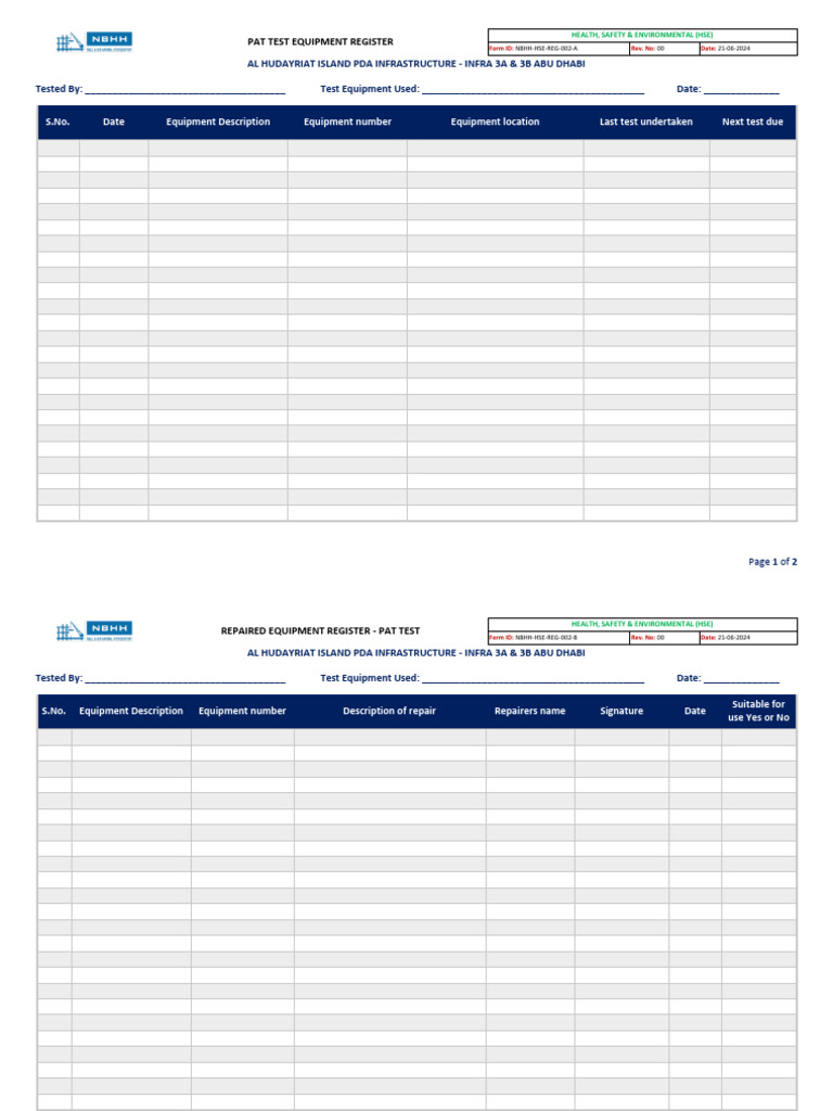 Nbhh-Hse-Reg-002 Pat Test Register | PDF