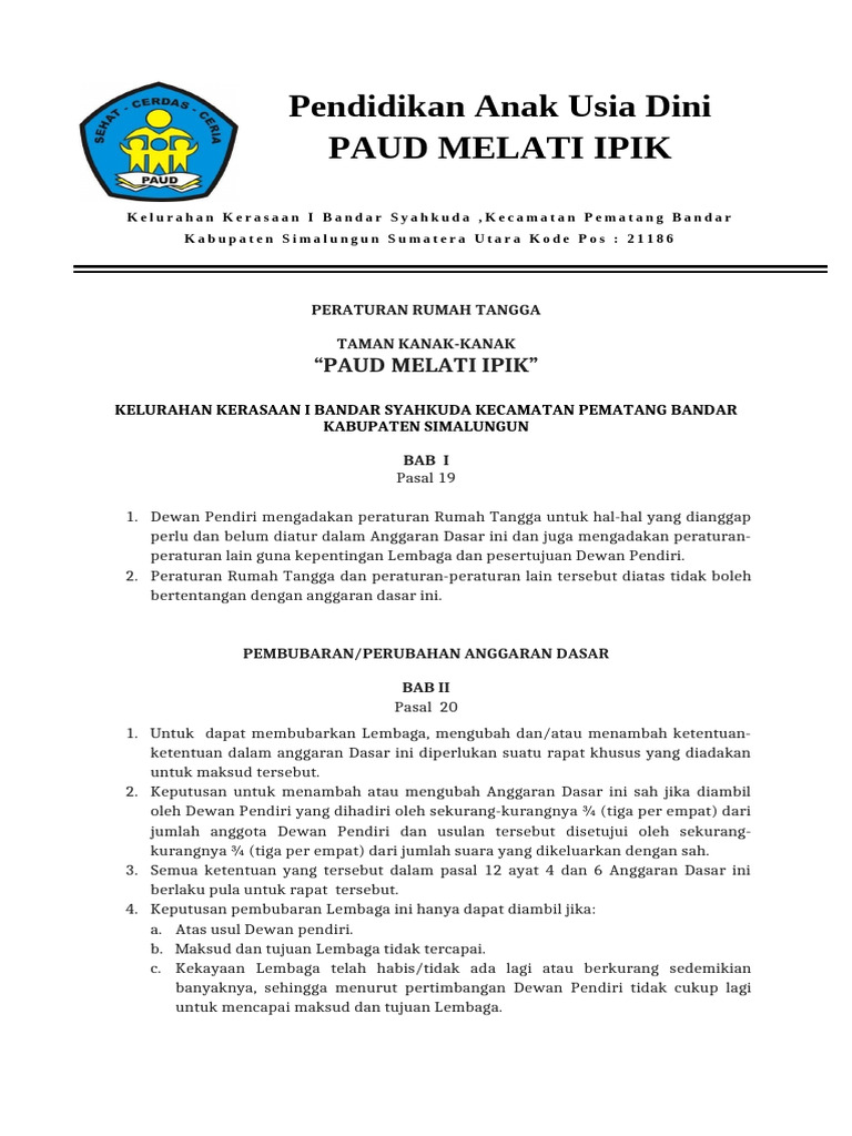 Peraturan dan Struktur PAUD Melati IPIK | PDF