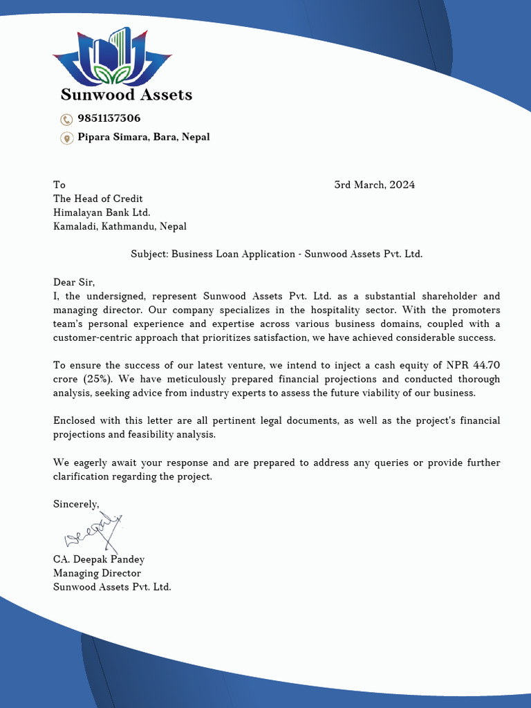 Loan Application Letter Sunwood Assets | PDF