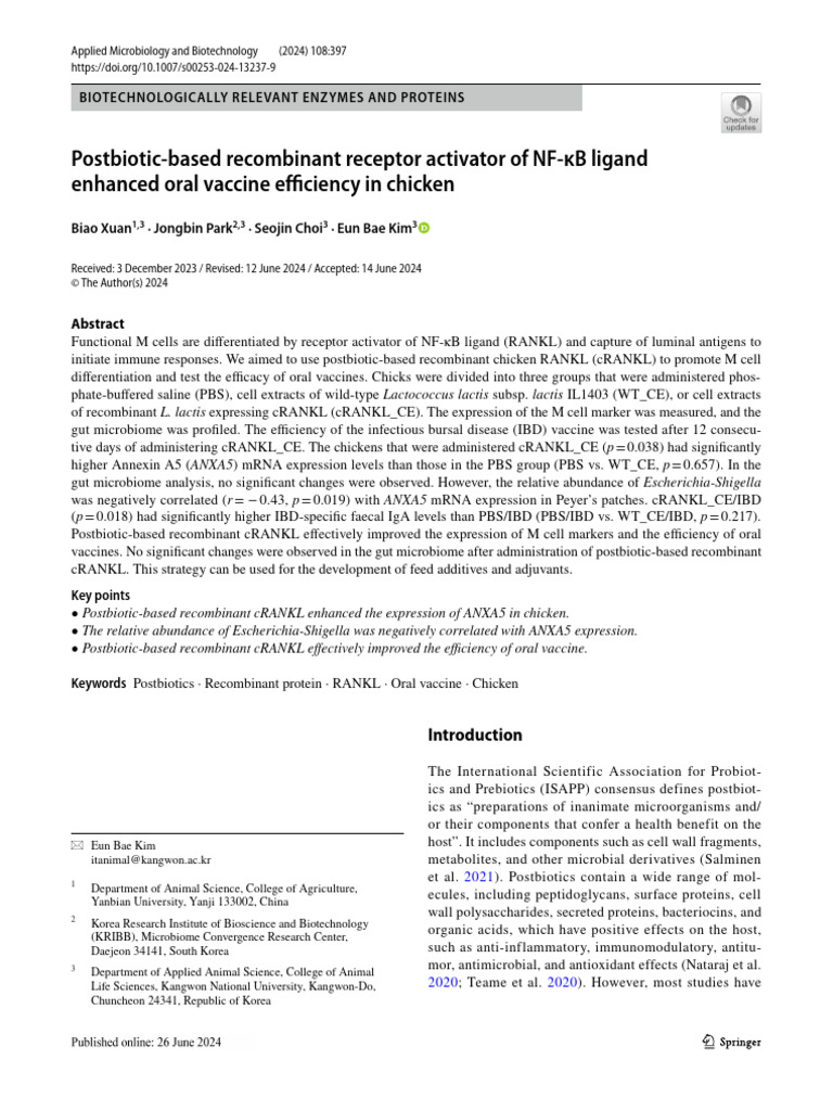 Postbiotic-based recombinant receptor activator of NF-κB ligand ...