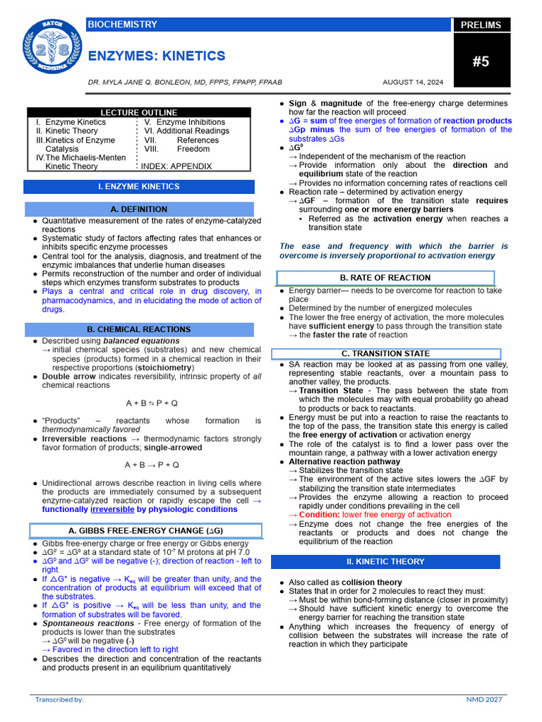 Biochem Lec - P5 - Enzymes - Kinetics | PDF | Enzyme Inhibitor | Enzyme ...