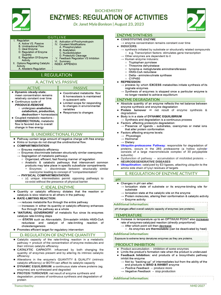 Biochem Lec - P6 - Enzymes - Regulation of Activities | PDF | Enzyme | Enzyme Inhibitor