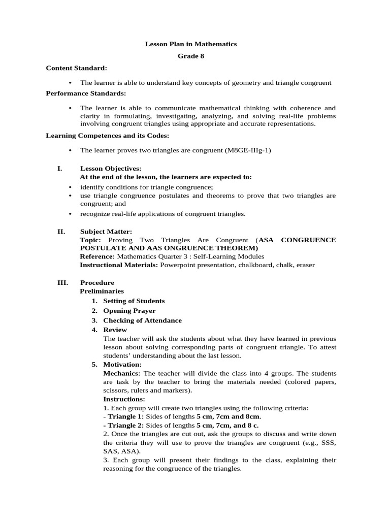 Grade 8 Triangle Congruence Lesson Plan | PDF | Classical Geometry ...