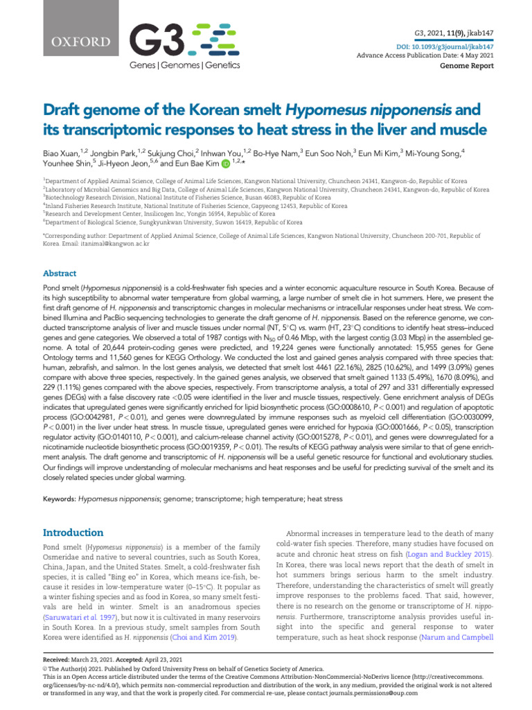 Draft Genome of The Korean Smelt Hypomesus Nipponensis and Its ...
