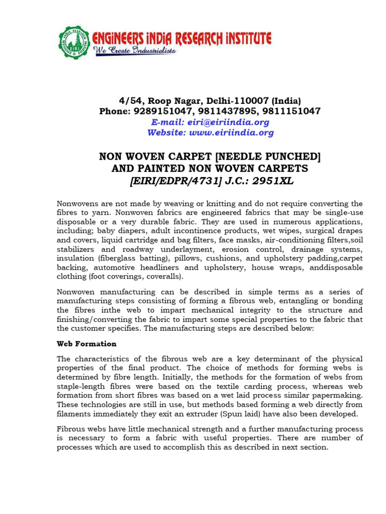 Project Report On NON WOVEN CARPET (NEEDLE PUNCHED) AND PAINTED NON ...