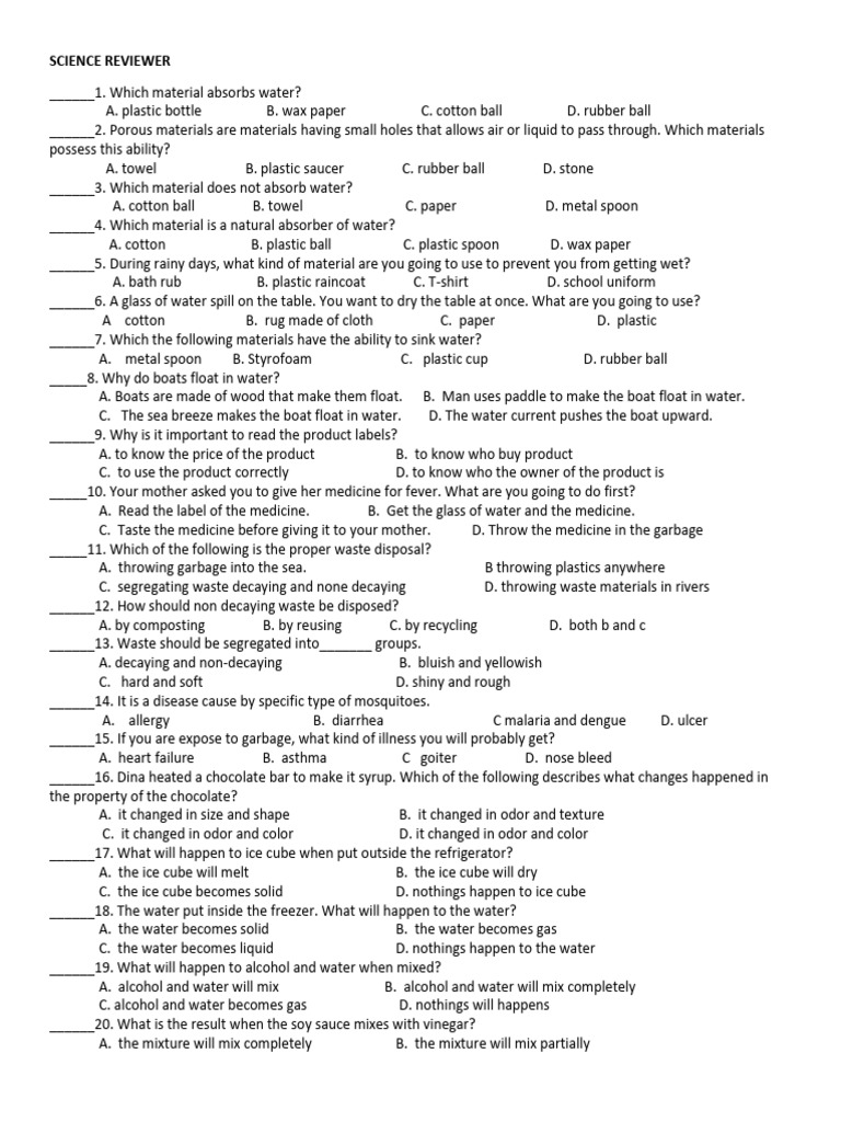 Water Absorption and Material Properties Quiz | PDF | Light | Waste