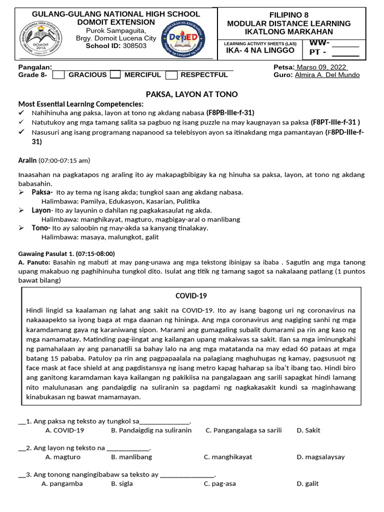 Las Filipino 8 W4 Q3 | PDF
