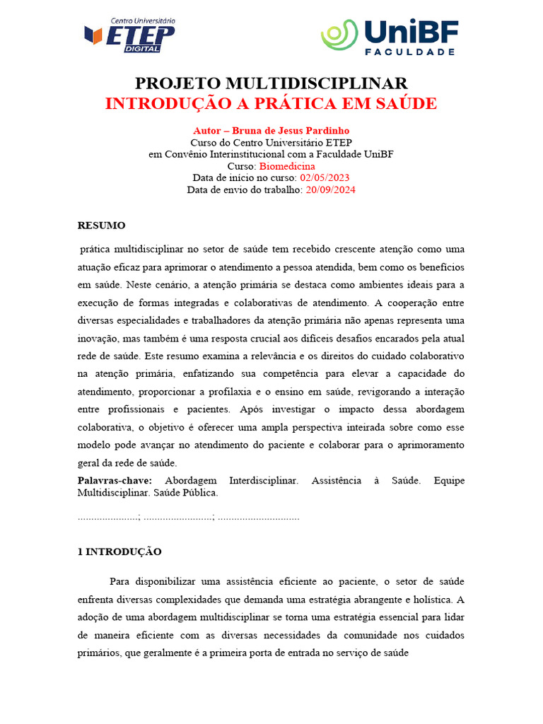 Modelo de Projeto Multidisciplinar | PDF | Interdisciplinaridade | Psicologia