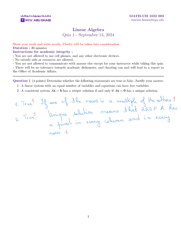 Quiz 1 S3 Solutions | PDF | System Of Linear Equations | Mathematical Physics