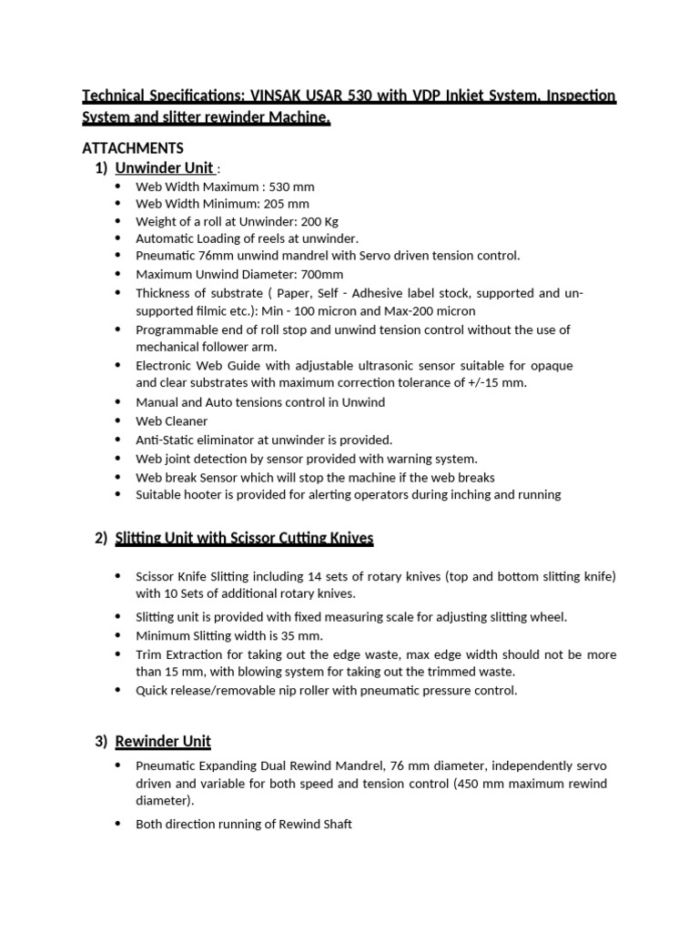 USAR-530 VDP Machine Specifications | PDF | Equipment