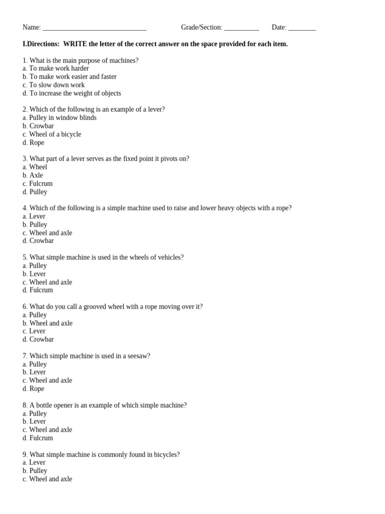 Simple Machines Quiz for Students | PDF