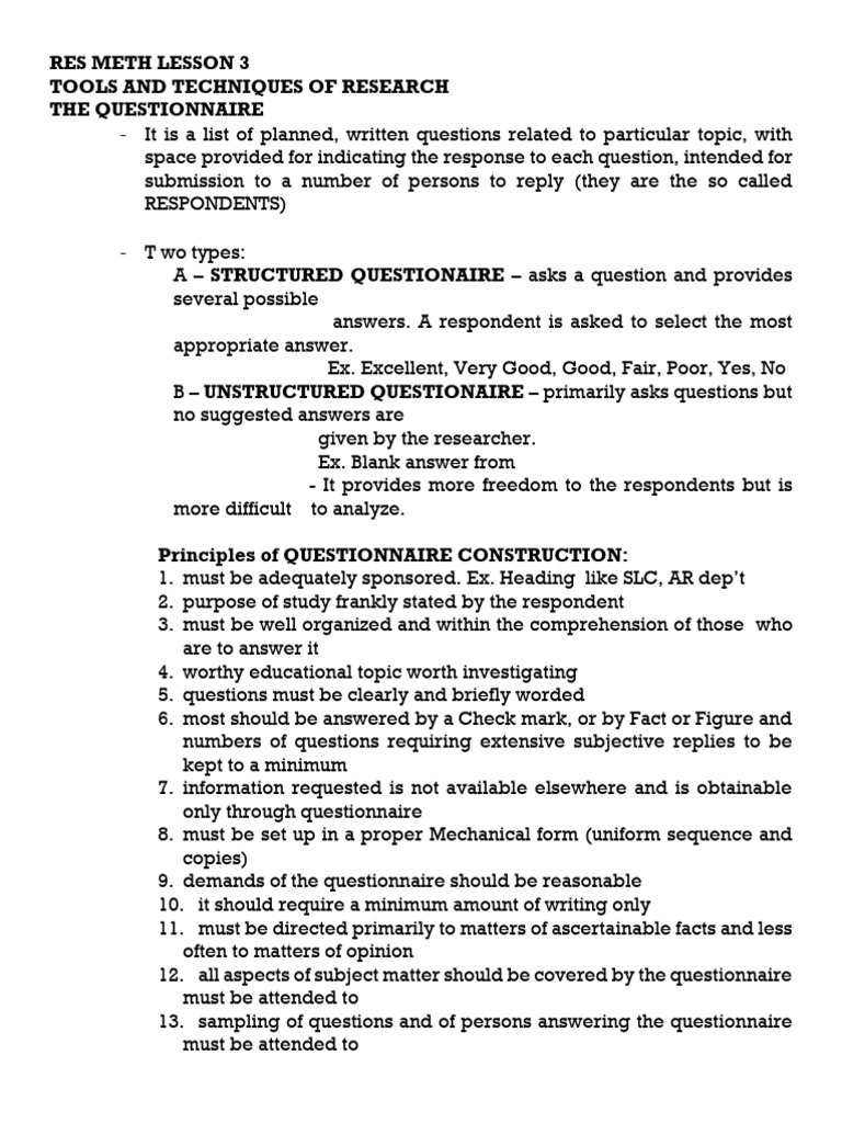 Lesson - Tools & Techniques of Research | PDF | Questionnaire | Sample Size Determination