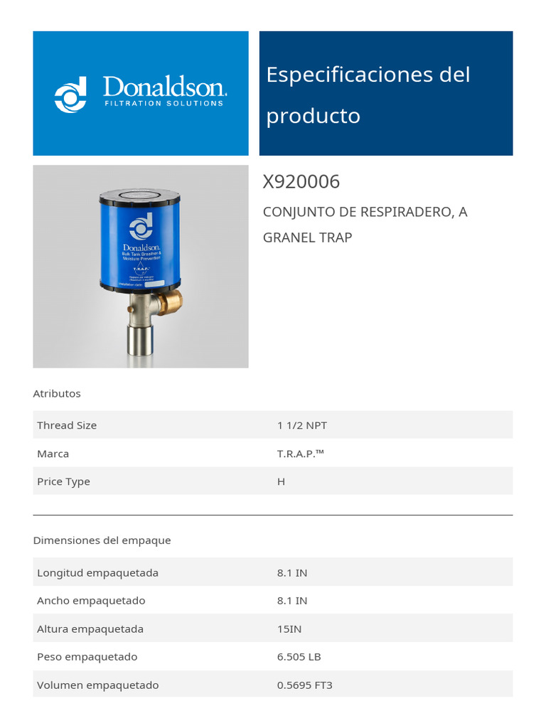 X920006 - Especificaciones Del Producto | PDF