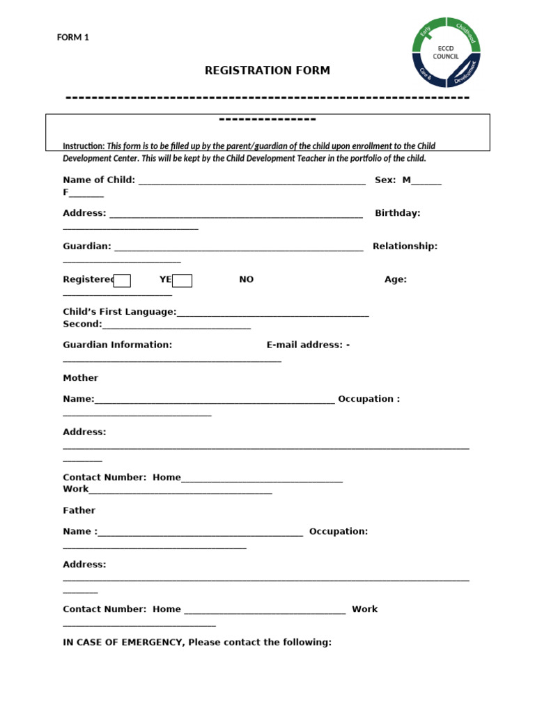 Child Development Center Registration Form | PDF