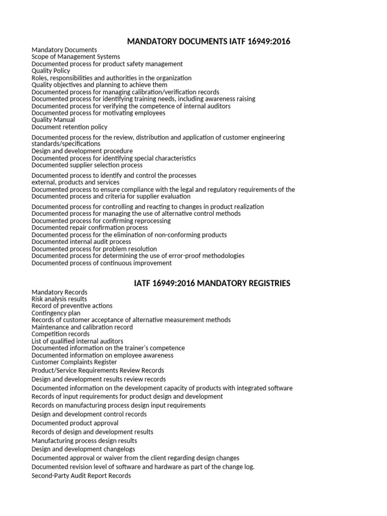List of Mandatory and Non-Mandatory Documents Iatf 16949 | PDF | Audit ...
