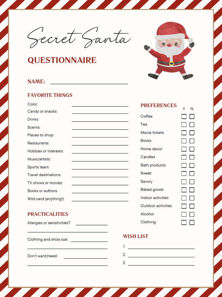 Red and White Modern Secret Santa Christmas Questionnaire Checklist A4 ...