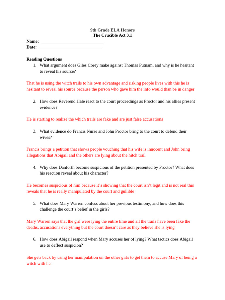 The Crucible Act 3.1 Study Guide | PDF