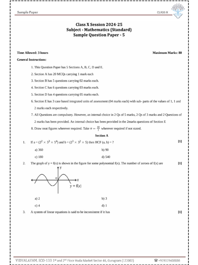 Class 10th Maths Sample Paper 5 | PDF