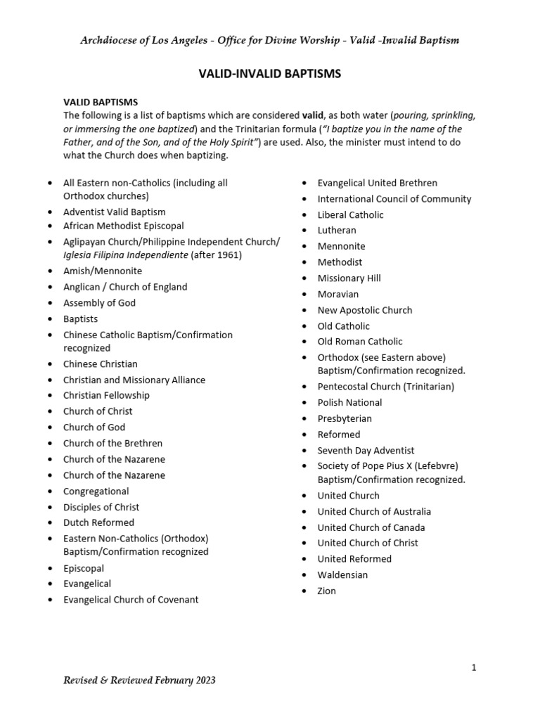 Valid Invalid Baptisms Revised February 2023 | PDF | Baptism | Sacraments