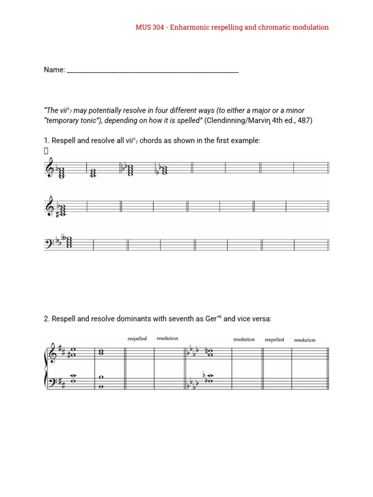 MUS 304.1 Enharmonic Respellilng - Viio7 and V7 Ger+6 | PDF