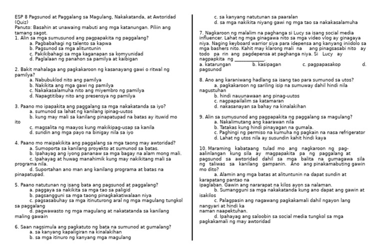 ESP 8 Pagsunod at Paggalang Sa Magulang | PDF