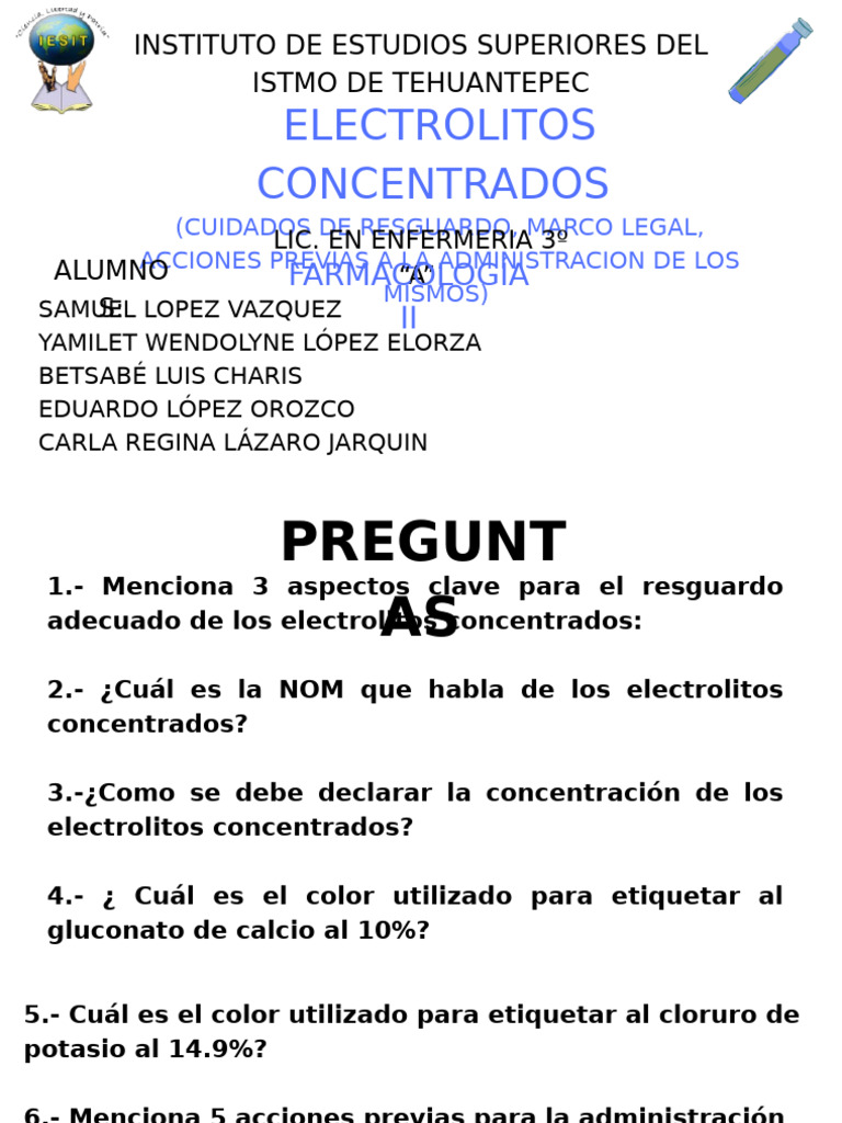 Electrolitos Concentrados (Cuidados de Resguardo, Marco Legal, Acciones Previas A La ...