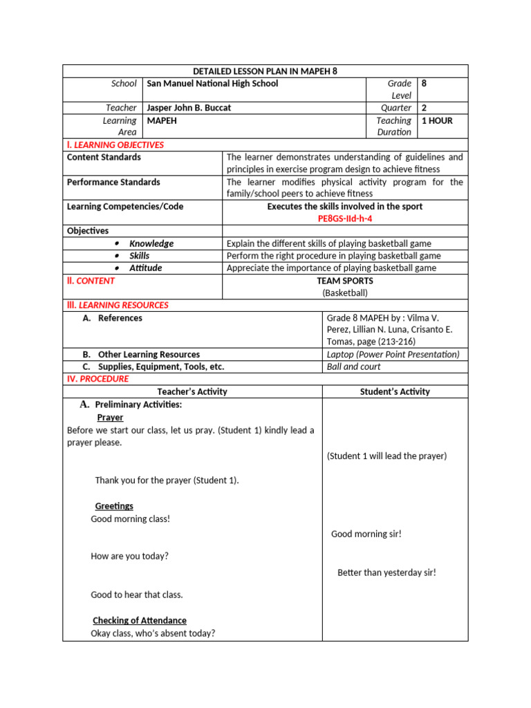 DETAILED LESSON PLAN IN MAPEH 8 - Basketball Deped | PDF