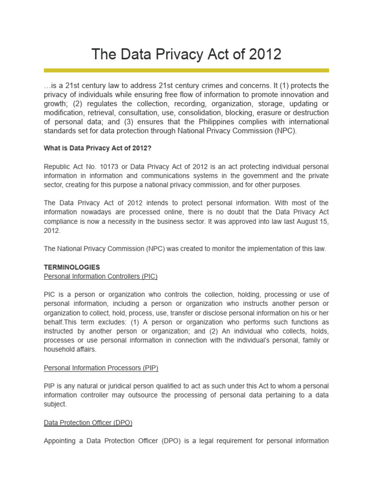 Overview of the Data Privacy Act 2012 | PDF | Regulatory Compliance ...