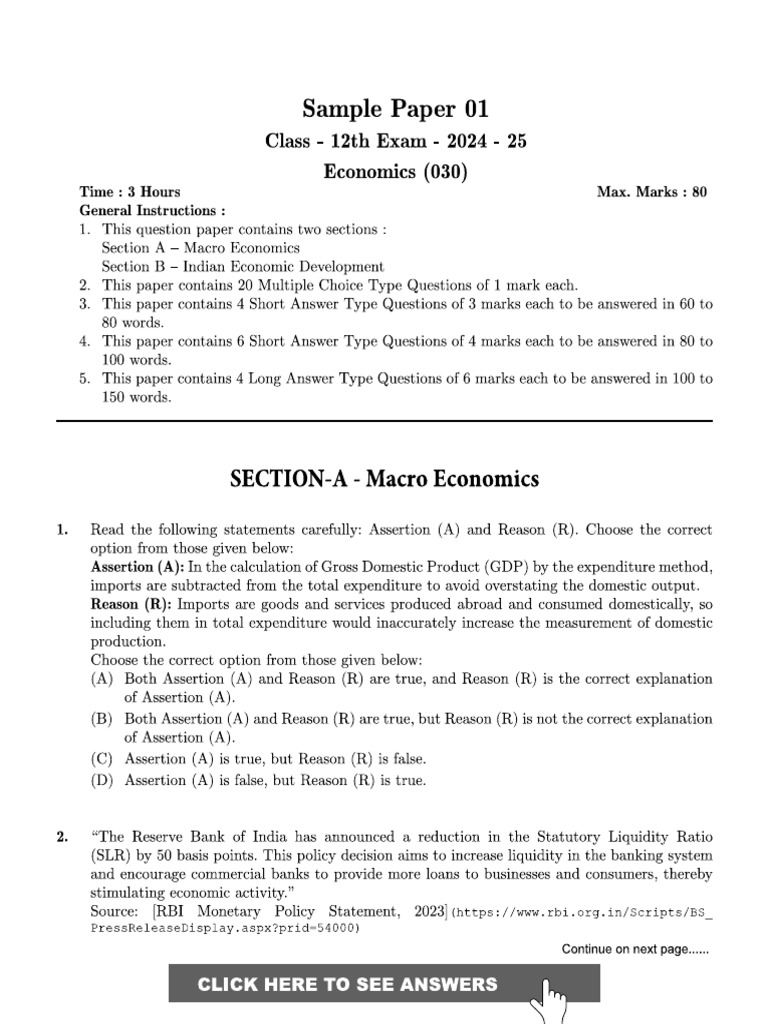 Economics Sample Paper 1 (2024-25) | PDF