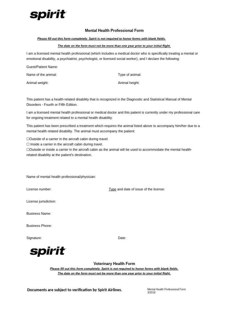 Spirit Airlines Emotional Support Animal Forms | PDF | Health ...