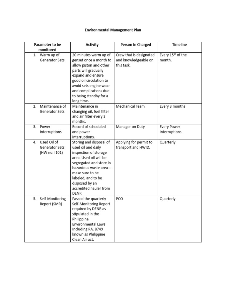 Generator Sets Environmental Management Plan | PDF