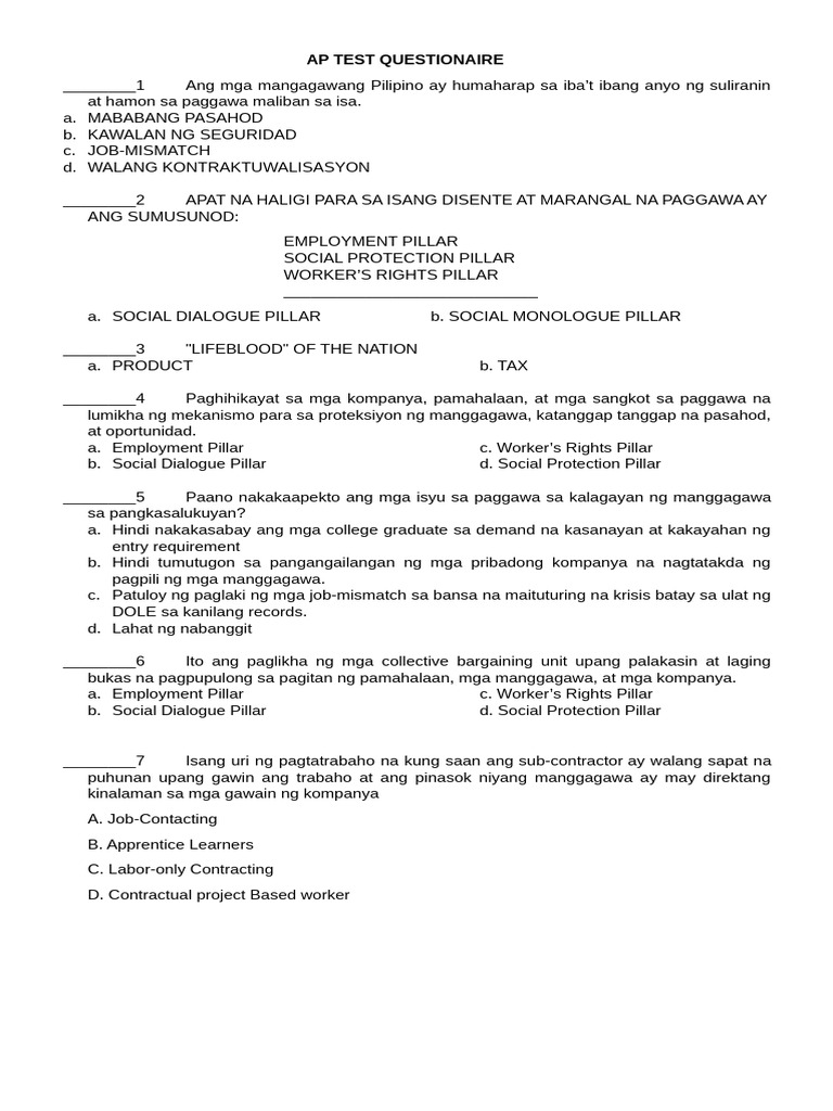 Ap Test Questionaire Pdf