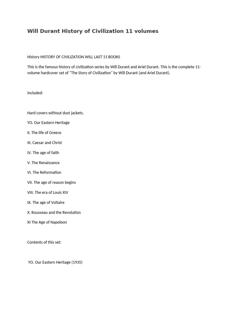 Will Durant History of Civilization 11 Volumes | PDF | Italian ...