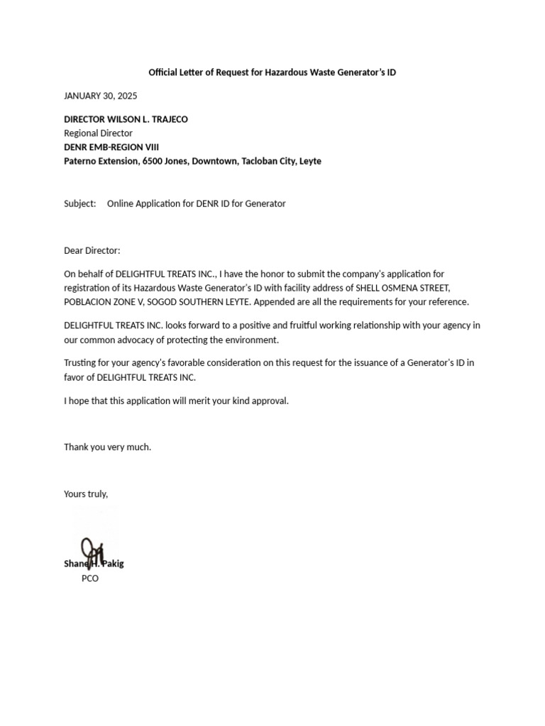 Official Letter of Request For Hazardous Waste Generator | PDF