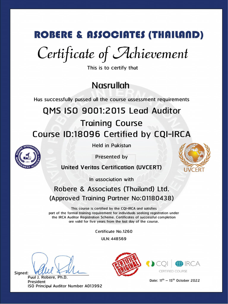 MR Nasrullah QMS ISO 9001 2015 Lead Auditor Course | PDF