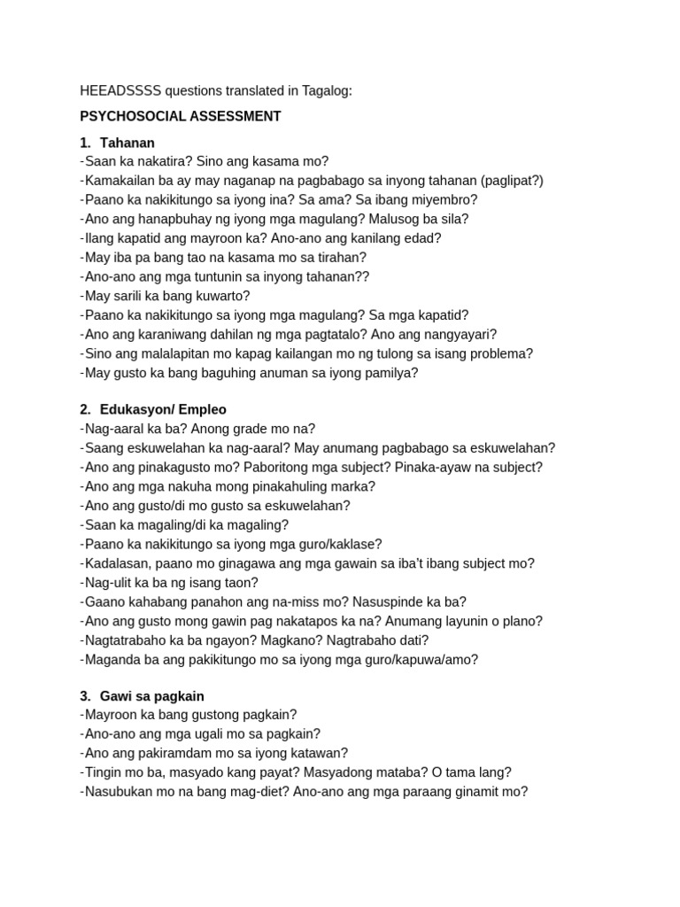 HEEADSSS Questions Translated in Tagalog | PDF