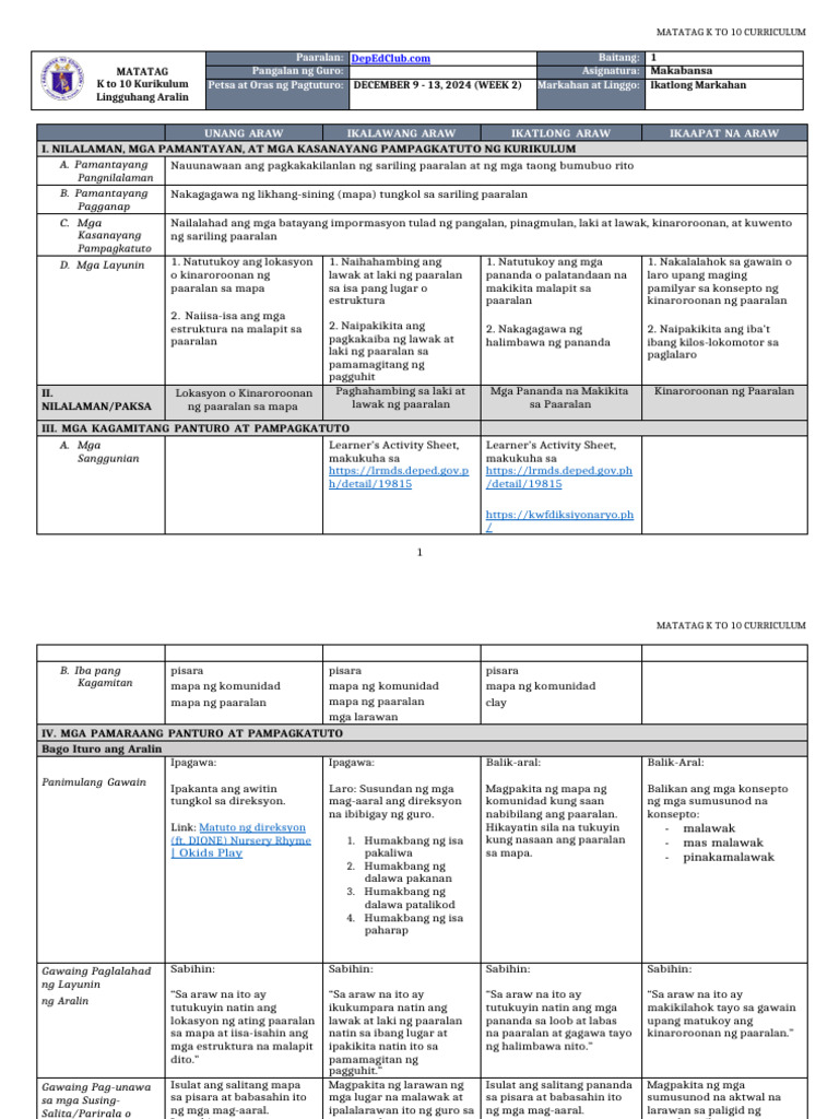 Dll Matatag Makabansa 1 q3 w2 | PDF
