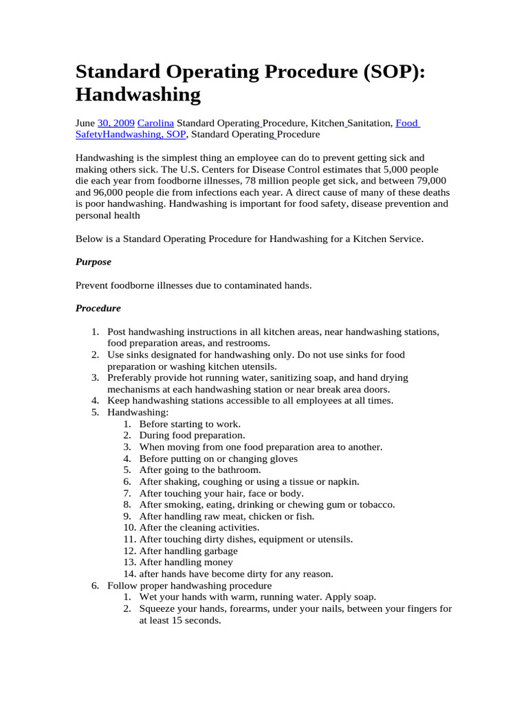 Standard Operating Procedure - Hand Washing | PDF | Hand Washing ...