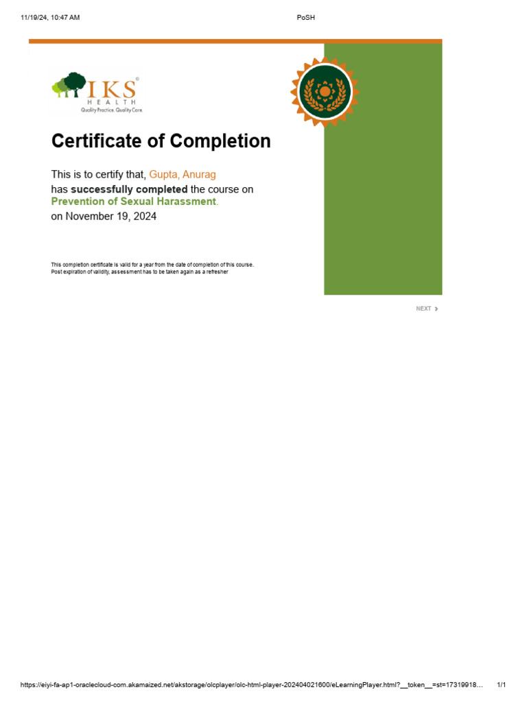 PoSH Course Completion Certificate | PDF