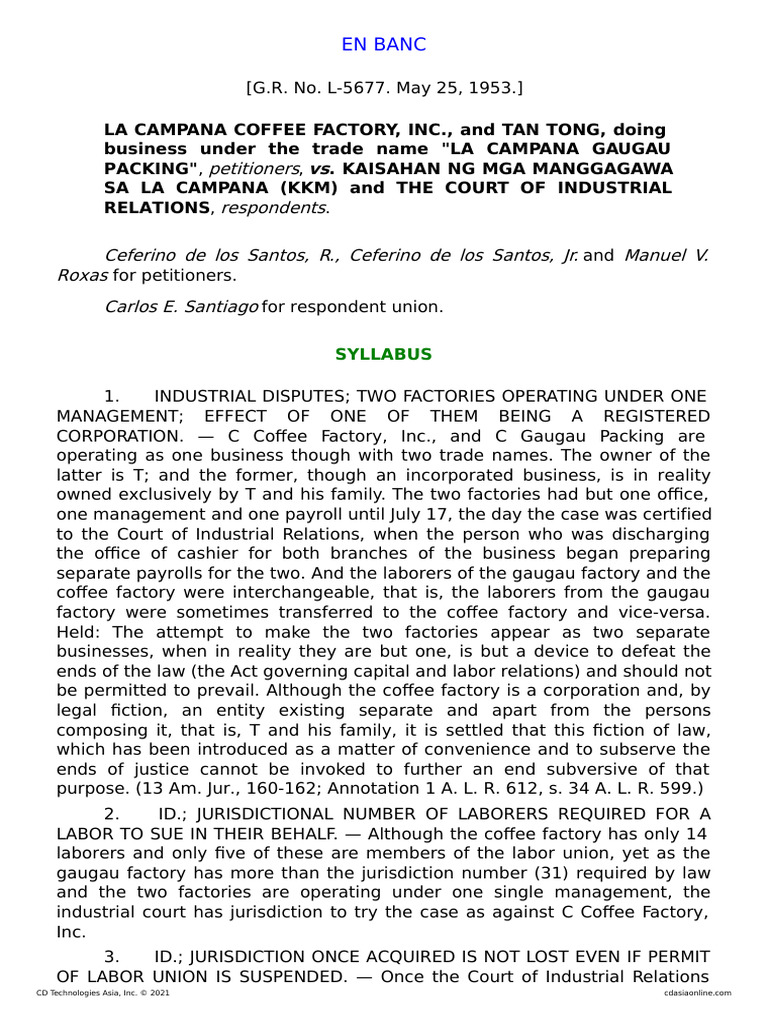 La Campana Coffee Factory, Inc. V Kaisahan NG Mga Manggagawa, GR L-5677 ...