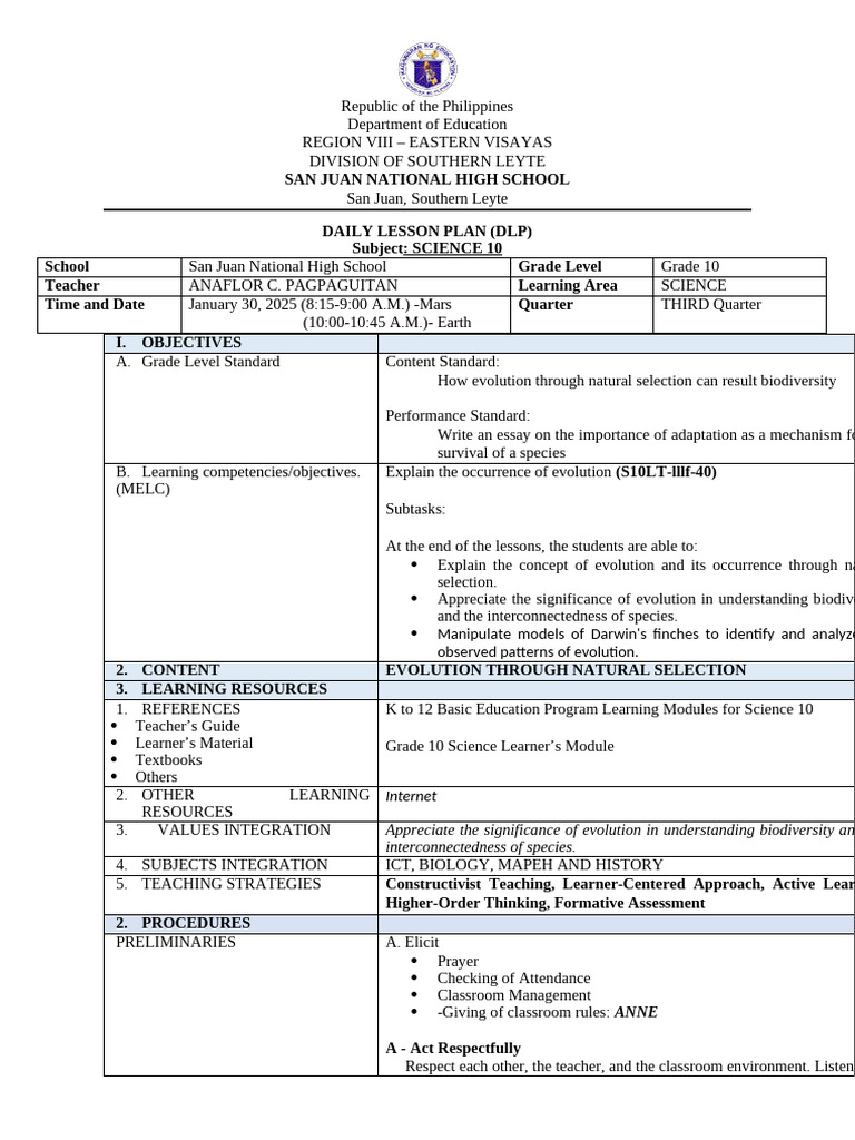 Science 10 Lesson Plan Week 6 Part 1 Evolution Through Natural ...