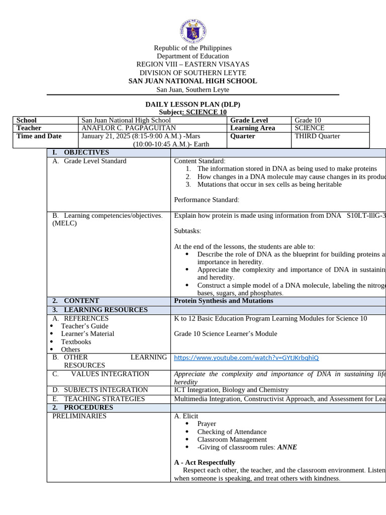 Science 10 Lesson Plan Week 4 Part 1 Protein Synthesis | PDF | Rna ...