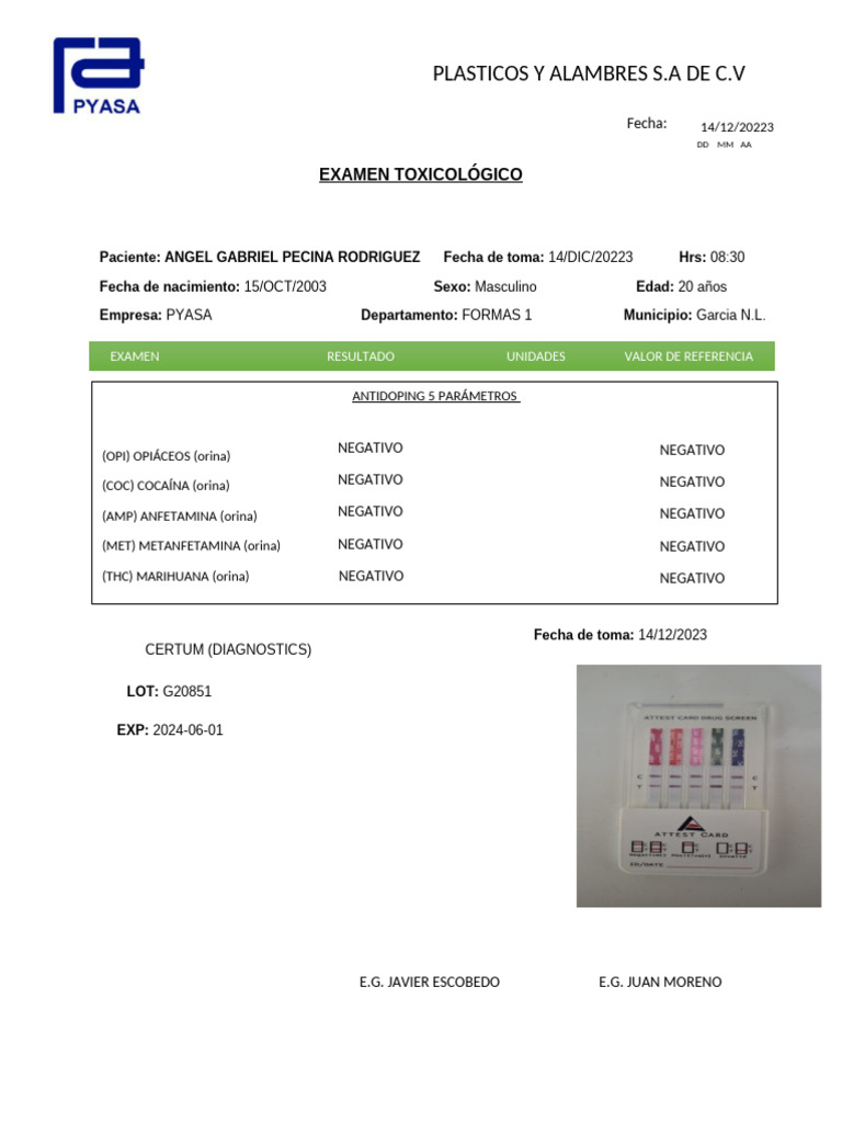Examen Toxicólogico de Angel Pecina | PDF