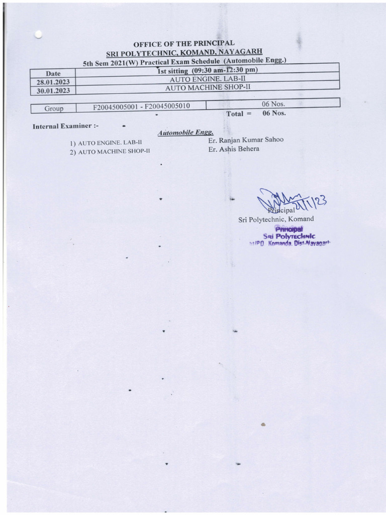 Automobile Engg. 5th Sem 2022 (W) Practical Exam Schedule | PDF