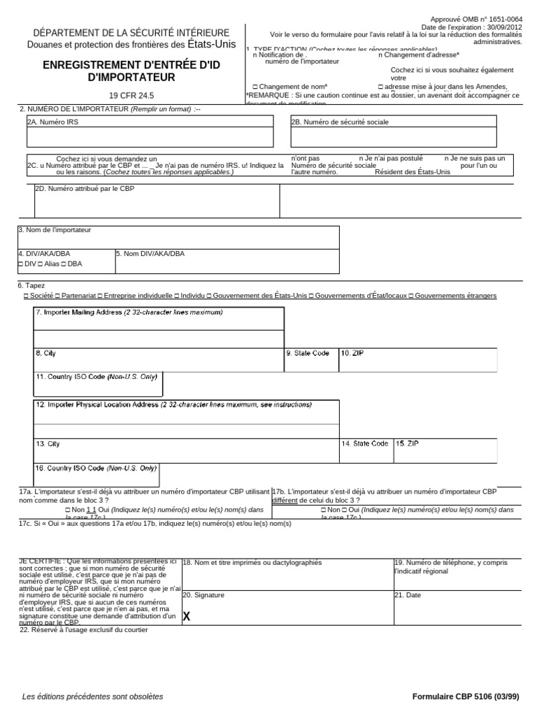Formulaire CBP 5106 : Enregistrement Importateur | PDF | États-Unis ...
