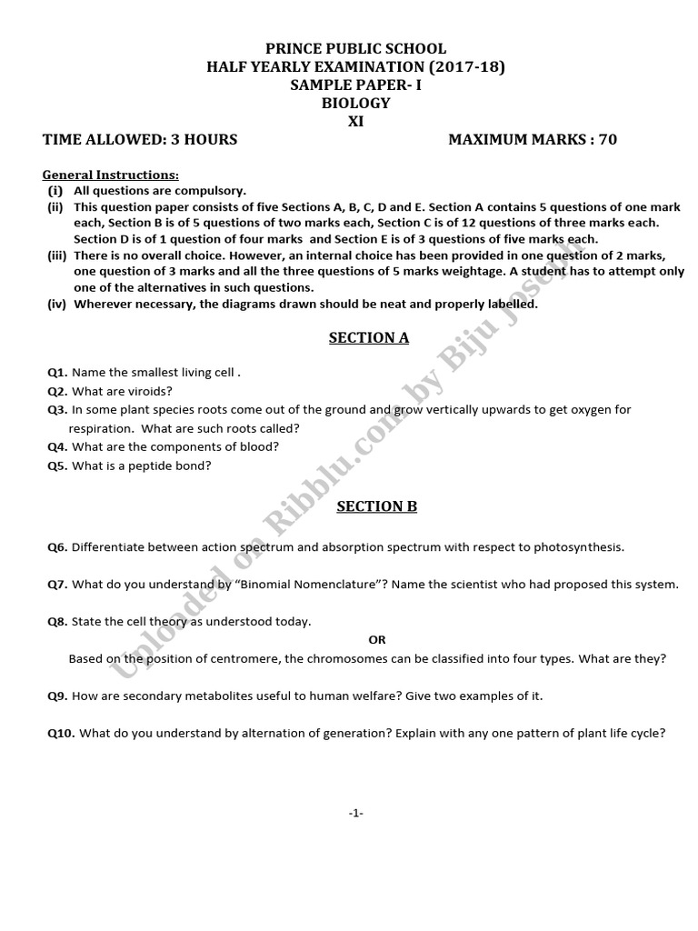 Class 11 Biology Half Yearly Sample Paper | PDF | Biology | Organisms