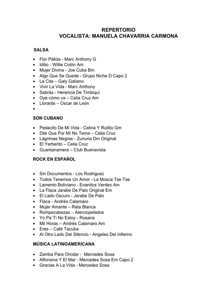 Repertorio de Canciones Por Manuela Chavarria 2024 | PDF | Musica ...